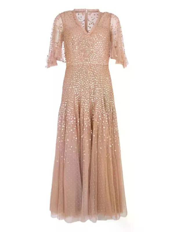 NEEDLE & THREAD Dappled Sequin Cape V-neck Maxi Dress - Neutrals