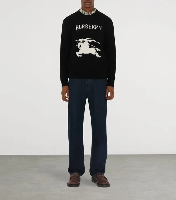Burberry Wool-cashmere Equestrian Knight Jacquard Knit Crewneck Sweater - Black