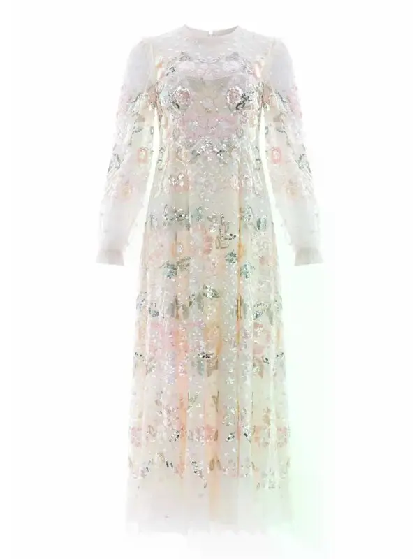 NEEDLE & THREAD Rosalie Sequin-embellished Long-sleeve Dress - Neutrals