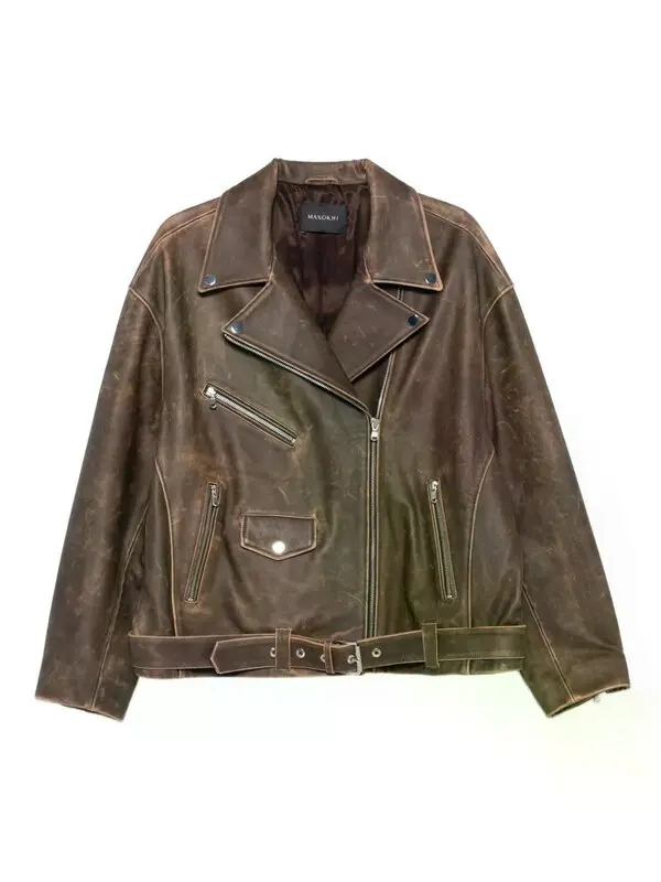 MANOKHI Kaisa Belted Leather Biker Jacket - Brown