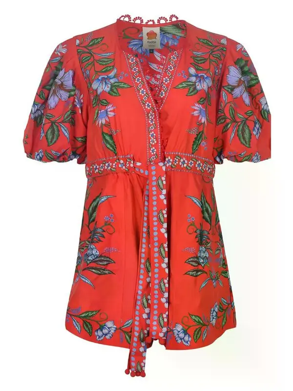 Farm Rio Floral Print Jumpsuit With Puff Sleeves - Red