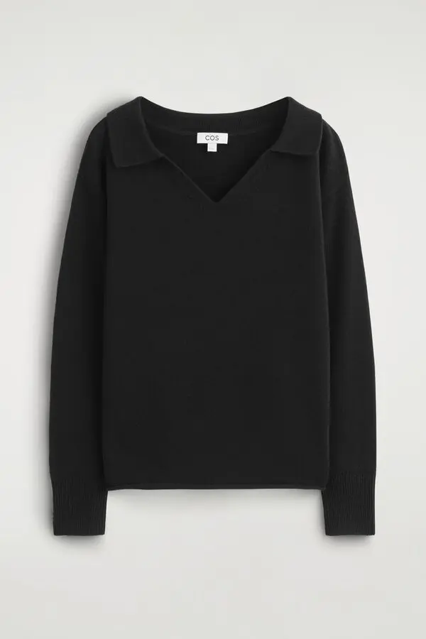 Cos Merino Wool Open Polo Collar Sweater - Black