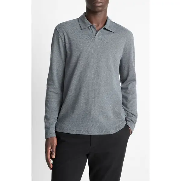 Vince Houndstooth Johnny Collar Long Sleeve Polo - Coastal/heather Grey