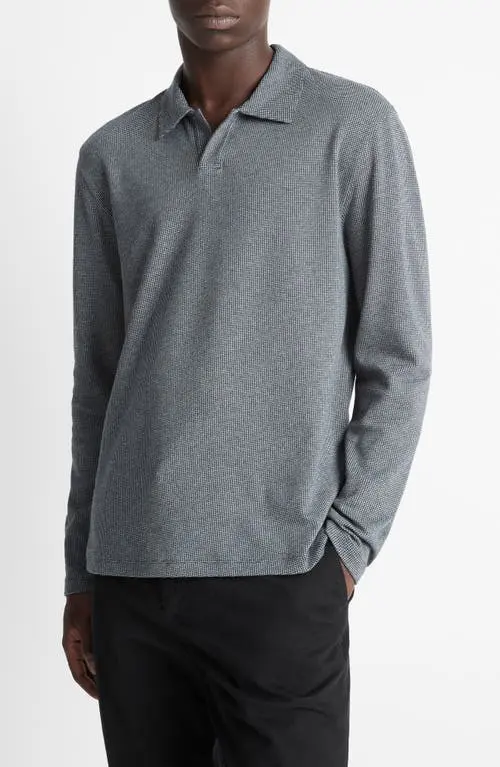 Vince Houndstooth Johnny Collar Long Sleeve Polo - Coastal/heather Grey