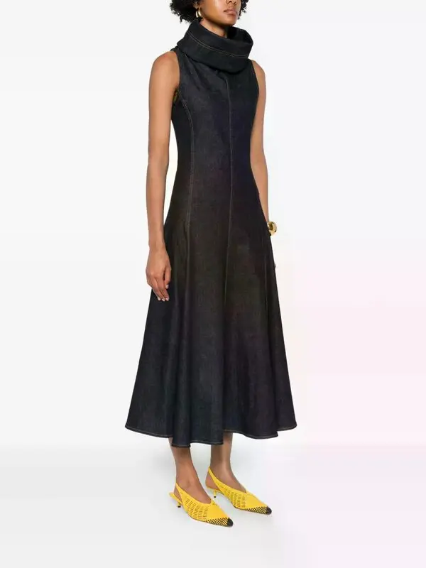 Jacquemus Sleeveless Flared Day Dress In Dark Navy Denim-cashmere Blend