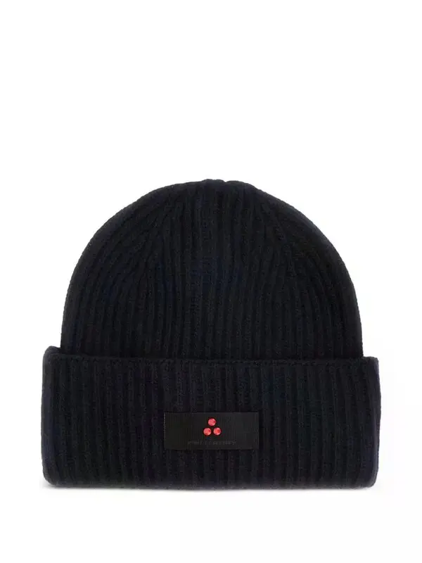 Peuterey Ribbed Beanie Hat With Logo Plaque - Black