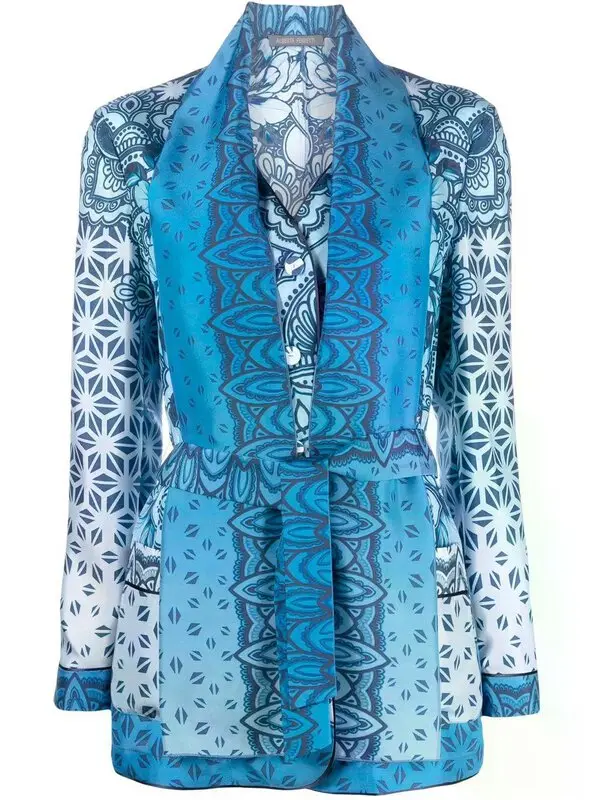 Alberta Ferretti Patterned Belted Blazer Jacket - Blue