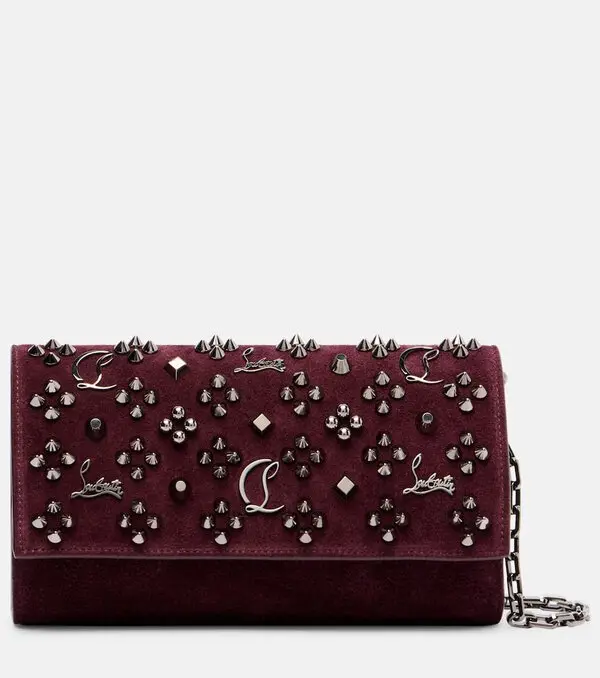 CHRISTIAN LOUBOUTIN Paloma Studded Suede Wallet On Chain - Burgundy