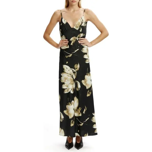 Bardot Capri Floral Print Satin Slipdress - Black Floral