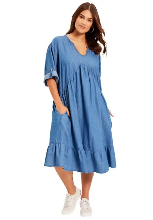 JUNE + VIE Ruffled Denim Dress - Medium Wash