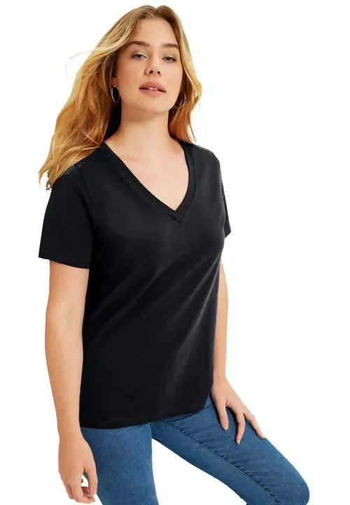 JUNE + VIE Short Sleeve V-neck Tee - Black