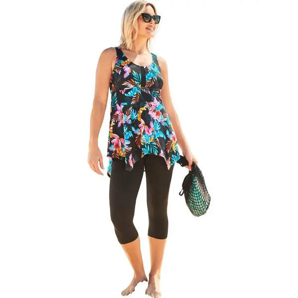 SWIM 365 Longer-length Handkerchief Hem Tankini Top - Cabana Glow Tropical