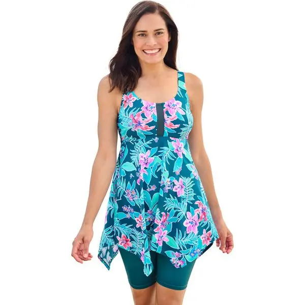 SWIM 365 Longer-length Handkerchief Hem Tankini Top - Mediterranean Floral