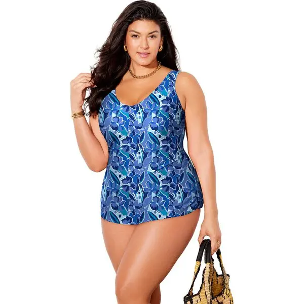 SWIMSUITS FOR ALL Sarong Front One Piece Swimsuit - Blue Paradise
