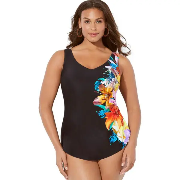 SWIMSUITS FOR ALL One Piece Swimsuit With Draped Sarong Front And Shirred Sides - Multi Flower Engineered
