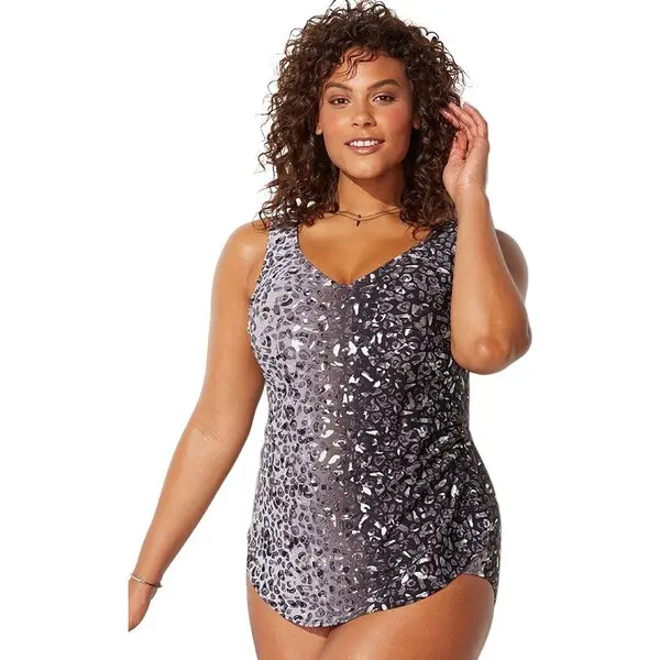 SWIMSUITS FOR ALL One Piece Swimsuit With Draped Sarong Front And Shirred Sides - Silver Foil Leopard