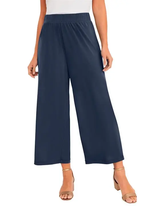 JESSICA LONDON Stretch Knit Wide Leg Crop Pant - Navy