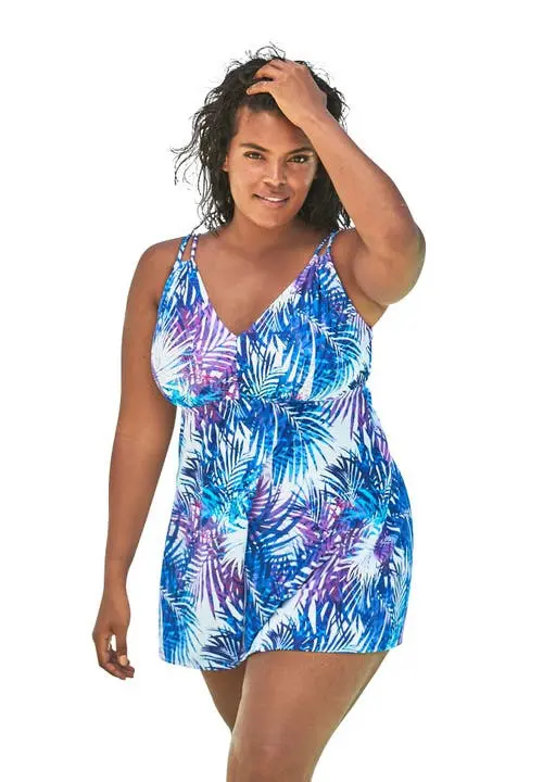 SWIM 365 Loop-strap V-neck Tummy-control Swim Dress - Multi Color Leaves
