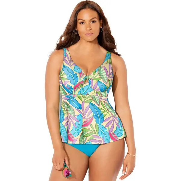 SWIMSUITS FOR ALL Knot Front V-neck Underwire Tankini Top - Lemon Mist Floral