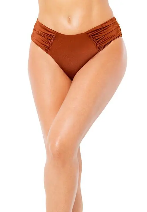 SWIMSUITS FOR ALL Shimmer Side Ruched Bikini Bottom - Cinnamon Shimmer