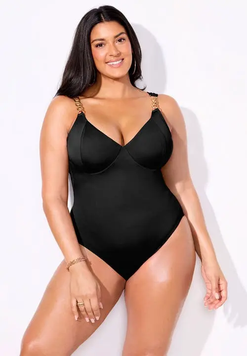 SWIMSUITS FOR ALL Chain Accent Underwire One Piece Swimsuit