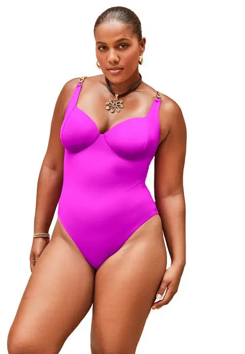 SWIMSUITS FOR ALL Chain Accent Underwire One Piece Swimsuit - Very Fuchsia