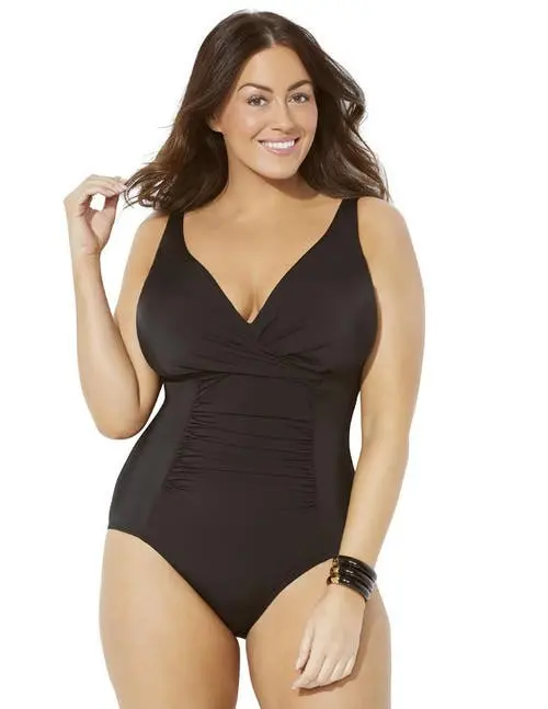 SWIMSUITS FOR ALL Twist Ruched One Piece Swimsuit - Black