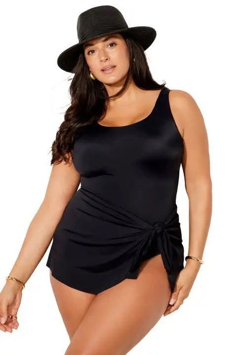 SWIMSUITS FOR ALL Adjustable Sarong Swimdress - Black