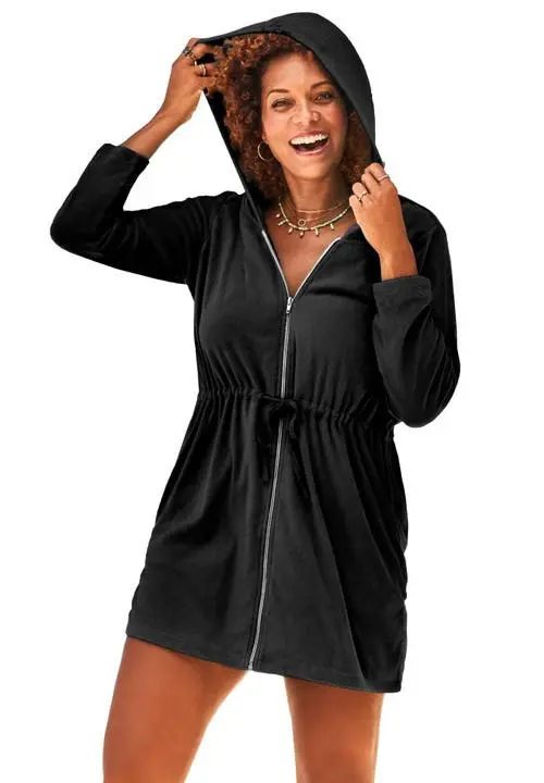 SWIMSUITS FOR ALL French Terry Tie Waist Hoodie Cover-up - Black