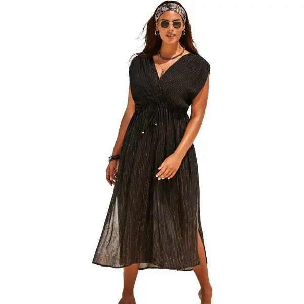 SWIMSUITS FOR ALL Surplice Maxi Cover Up Dress - Black Gold