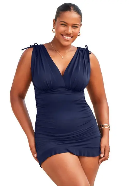 SWIMSUITS FOR ALL Adjustable Ruched Swimdress - Navy