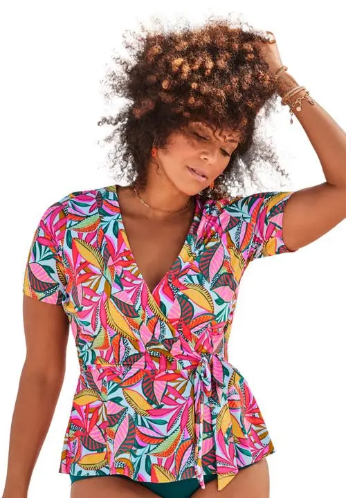 SWIMSUITS FOR ALL Short Sleeve Faux Wrap Tankini Top - Multi Palm Leaves