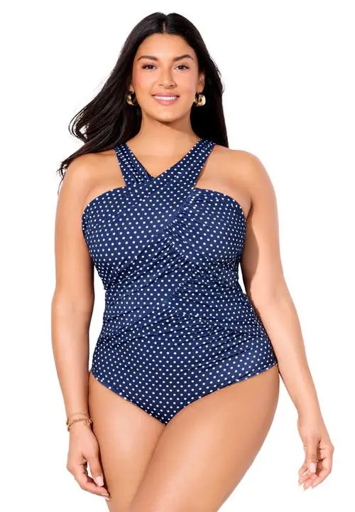 SWIMSUITS FOR ALL High Neck Wrap One-piece Swimsuit - Navy Pin Dot