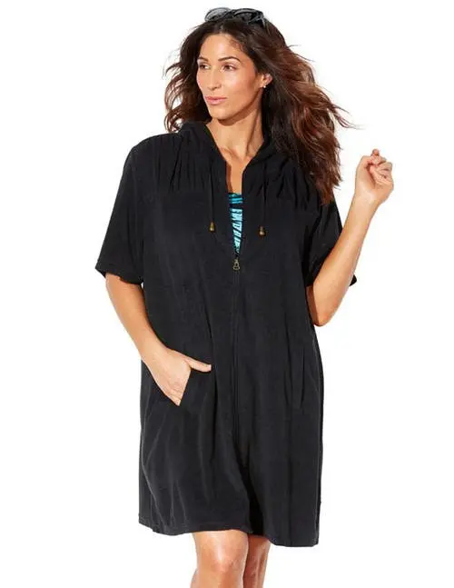 SWIMSUITS FOR ALL French Terry Zip-front Hoodie - Black