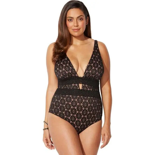 SWIMSUITS FOR ALL Lace Plunge One-piece Swimsuit - Black Lace