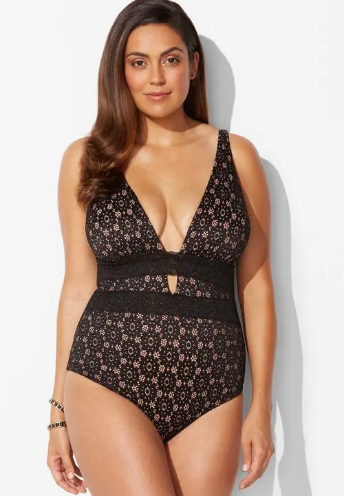 SWIMSUITS FOR ALL Lace Plunge One Piece Swimsuit