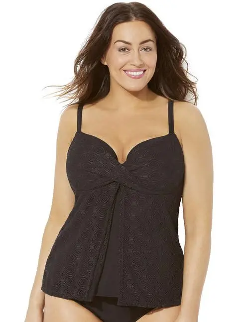 SWIMSUITS FOR ALL Faux Flyaway Crochet Underwire Tankini Top - Black