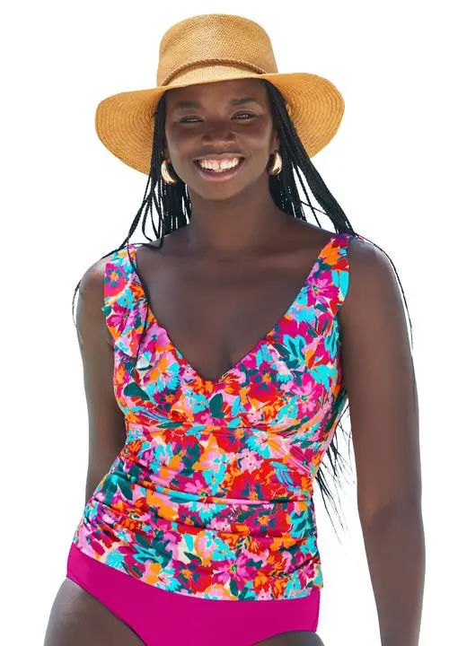 SWIMSUITS FOR ALL Ruffle V-neck Tankini Top - Fruit Punch Flowers