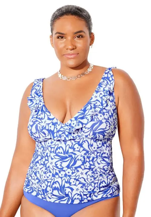 SWIMSUITS FOR ALL Ruffle V-neck Tankini Top - Stardust Flowers