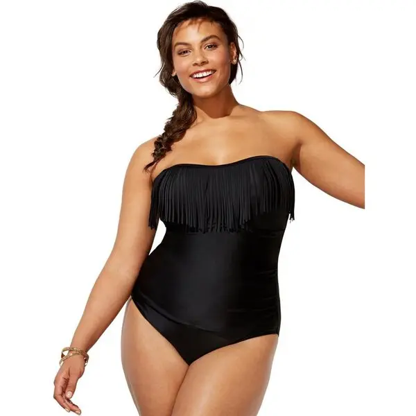 SWIMSUITS FOR ALL Fringe Bandeau One Piece Swimsuit - Black