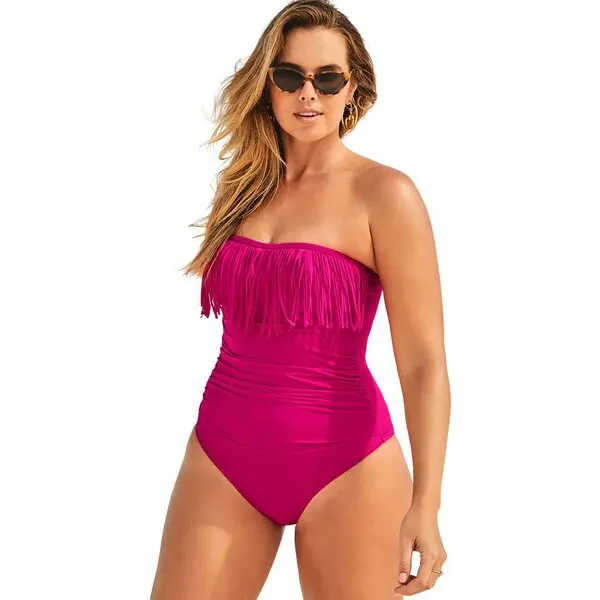 SWIMSUITS FOR ALL Fringe Bandeau One Piece Swimsuit - Bright Berry