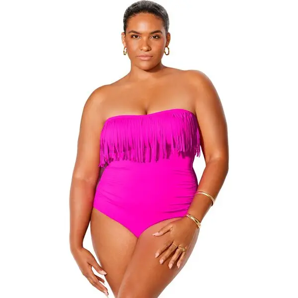 SWIMSUITS FOR ALL Fringe Bandeau One Piece Swimsuit - Fluorescent Pink