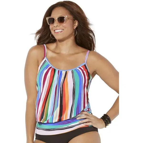 SWIMSUITS FOR ALL Lightweight Scoop Neck Blouson Tankini Top - Multi Stripe