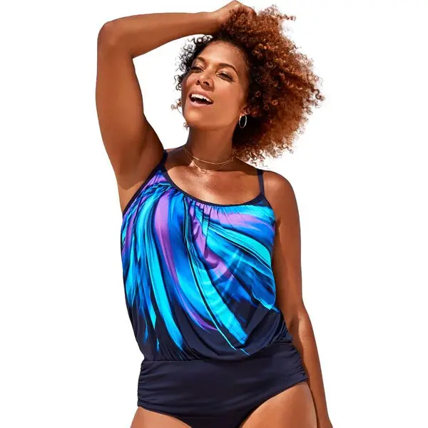 SWIMSUITS FOR ALL Lightweight Scoop Neck Blouson Tankini Top - Navy Sunburst