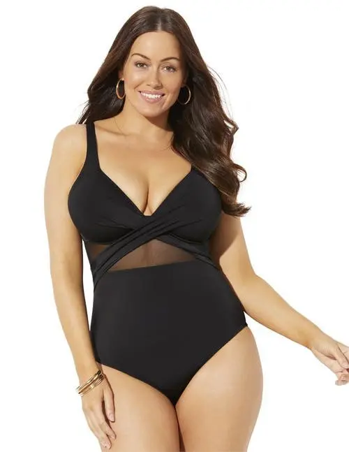 SWIMSUITS FOR ALL Cut Out Mesh Underwire One Piece Swimsuit - Black