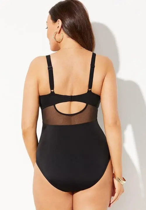 SWIMSUITS FOR ALL Cut Out Mesh Underwire One Piece Swimsuit