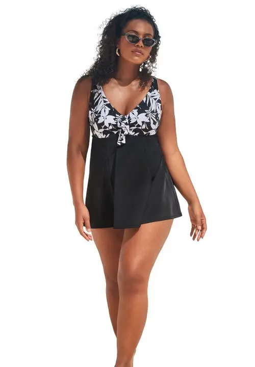 SWIMSUITS FOR ALL Tie Front V-neck Swimdress - Black White Tropical