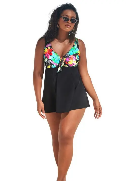 SWIMSUITS FOR ALL Tie Front V-neck Swimdress - Multi