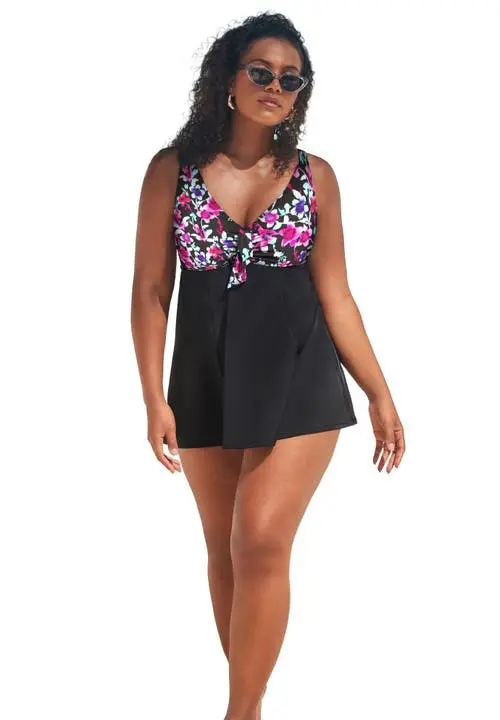 SWIMSUITS FOR ALL Tie Front V-neck Swimdress - Red Floral