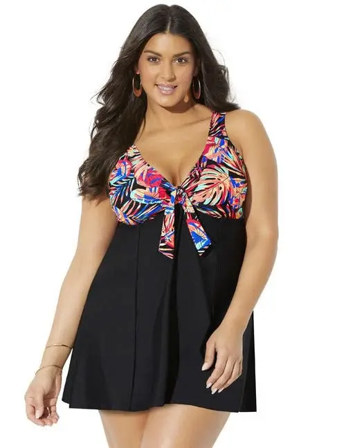 SWIMSUITS FOR ALL Tie Front V-neck Swimdress - Sparkler Leaf Print